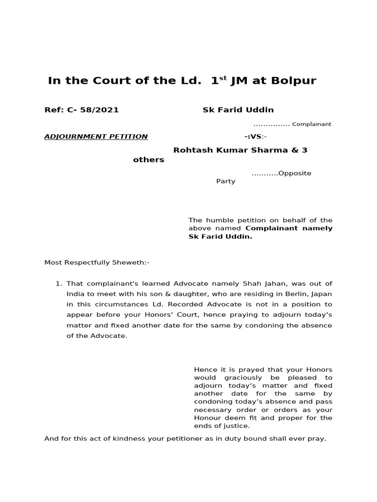 Adjournment Petition Case No 57.21 Bolpur | PDF