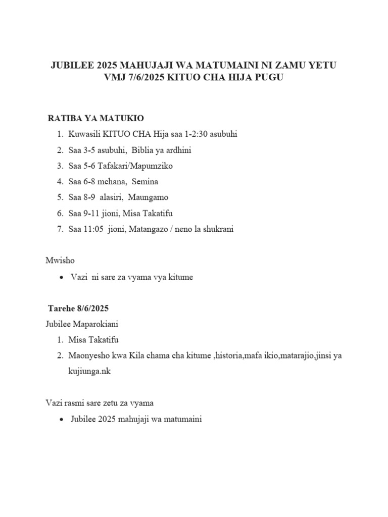 Ratiba-Jubilei VMJ 07 June 2025-Pugu Na 08 June 2025 Maparokiani | PDF
