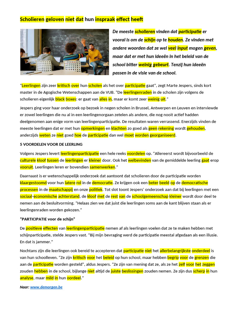 p66 - Opdr5 - Scholieren Geloven Niet Dat Hun Inspraak Effect Heeft | PDF