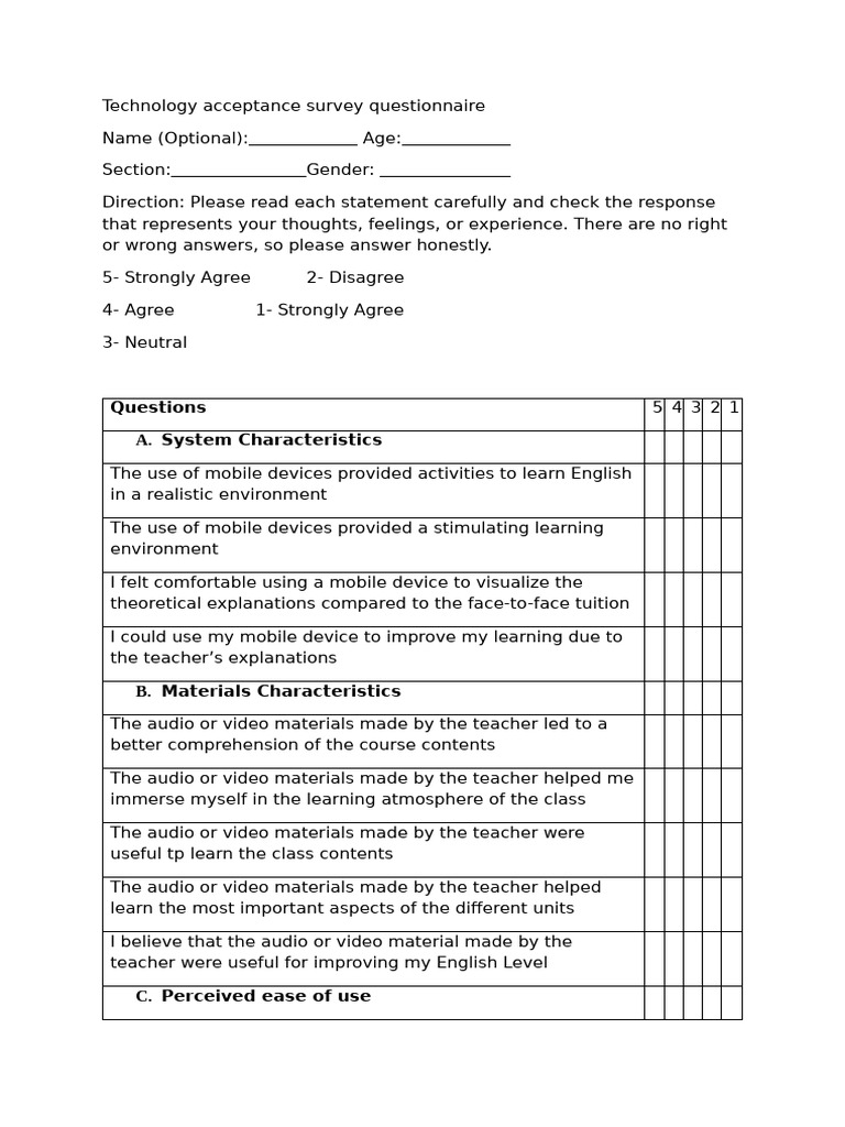 Technology Acceptance Survey Questionnaire | PDF | Learning | Teachers