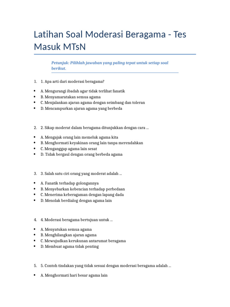 Latihan Soal Moderasi Beragama 50 Soal Benar | PDF