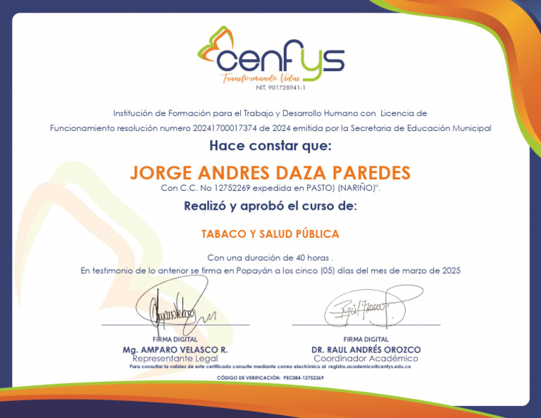 Certificado Salud Publica y Tabado, DR Jorge Daza | PDF