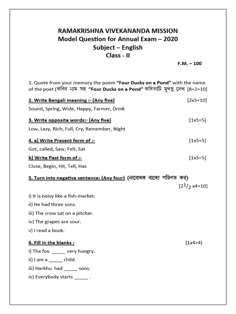 Class 2 English Annual Exam Model Paper | PDF