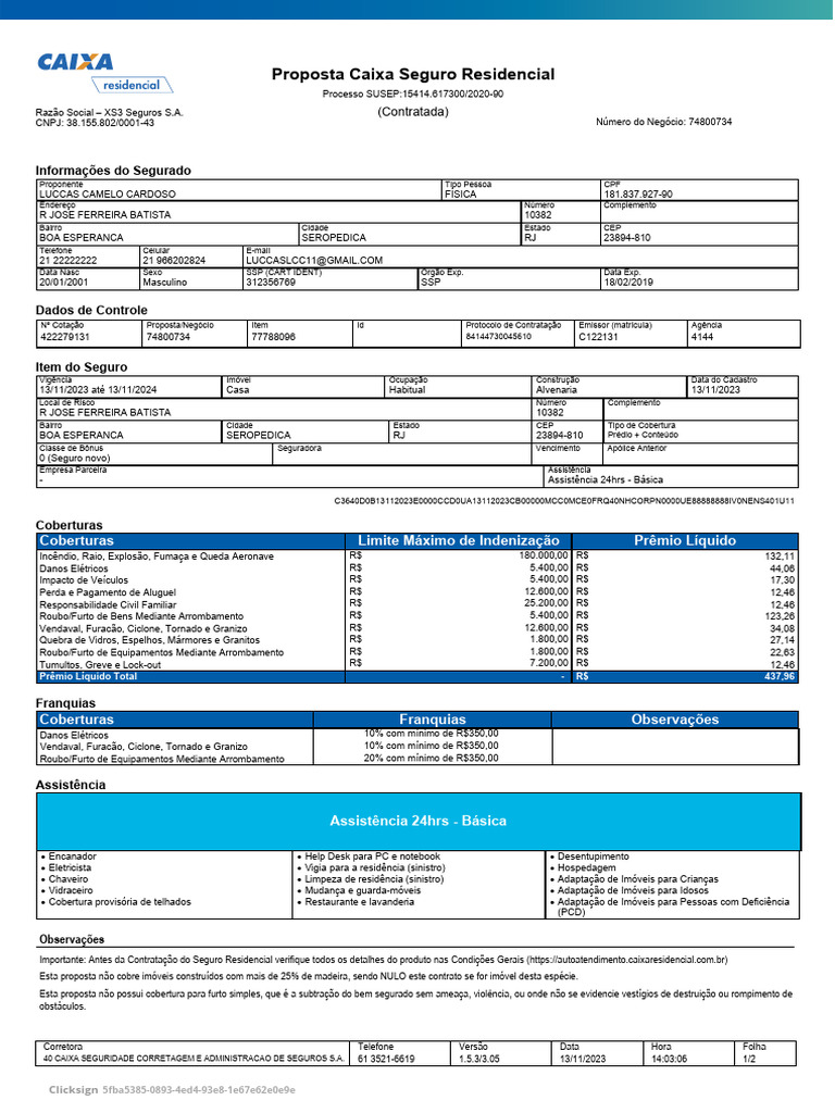 CAIXA RESIDENCIAL - Proposta de Seguro Nº 84144730045610 - Clicksign | PDF | Seguro | Cheque (banco)