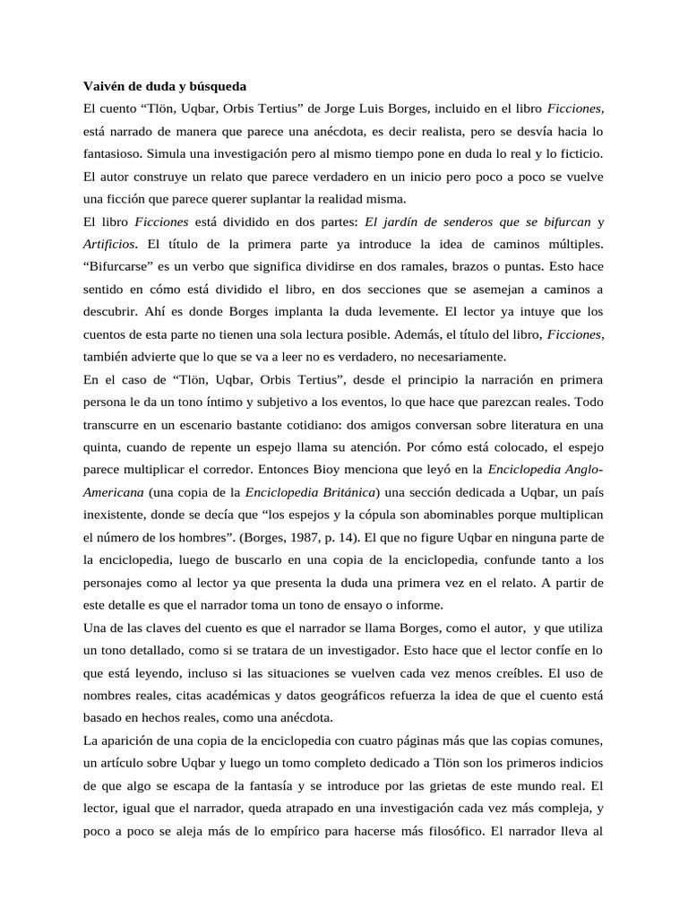 Vaivén de Duda y Búsqueda - Análisis de Tlon, Uqbar, Orbis Tertius, J ...