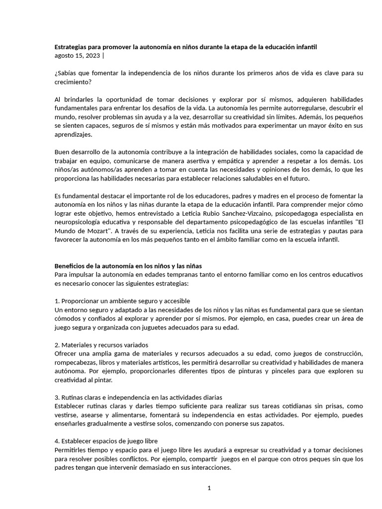 Fomentar la Autonomía en Niños Pequeños | PDF | Educación de la primera ...
