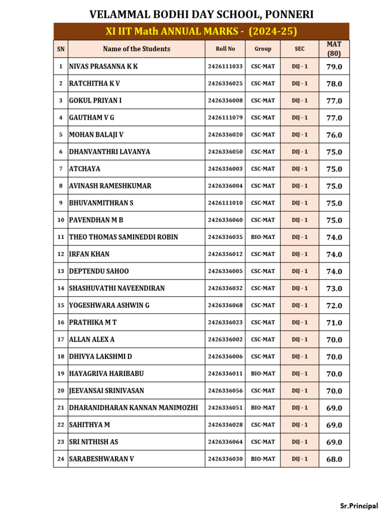 XI IIT Math Annual Marks 2024-25 | PDF