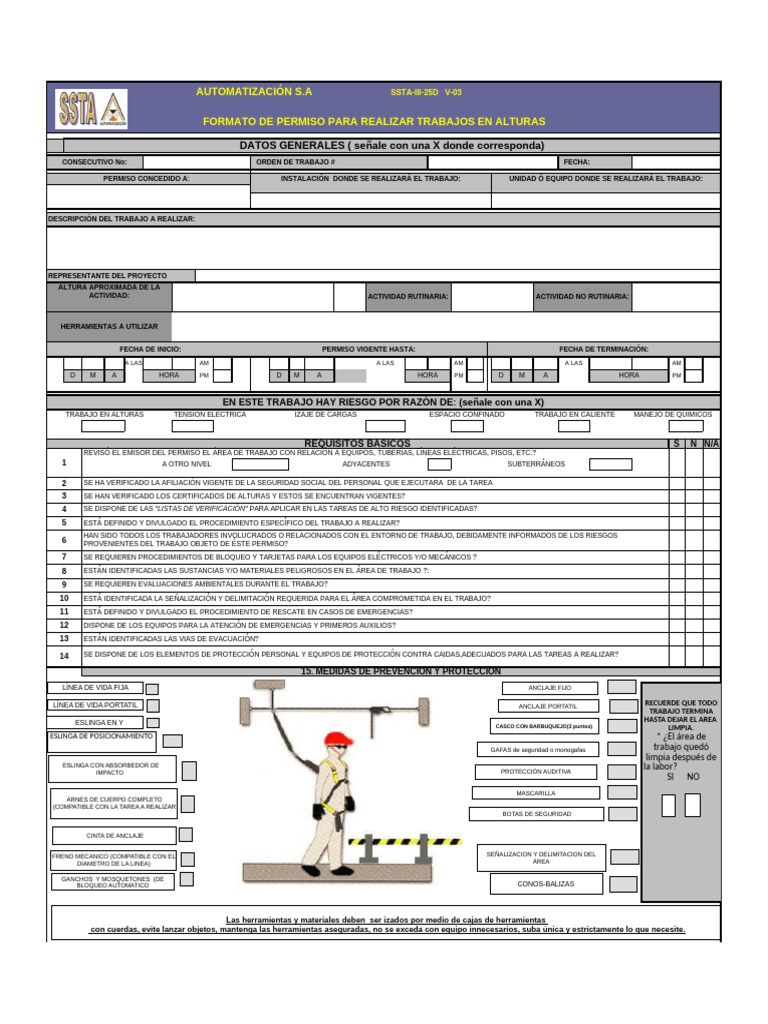 SSTA-III-25D Permiso Trabajo y Lista para Trabajos en Alturas V3 | PDF ...