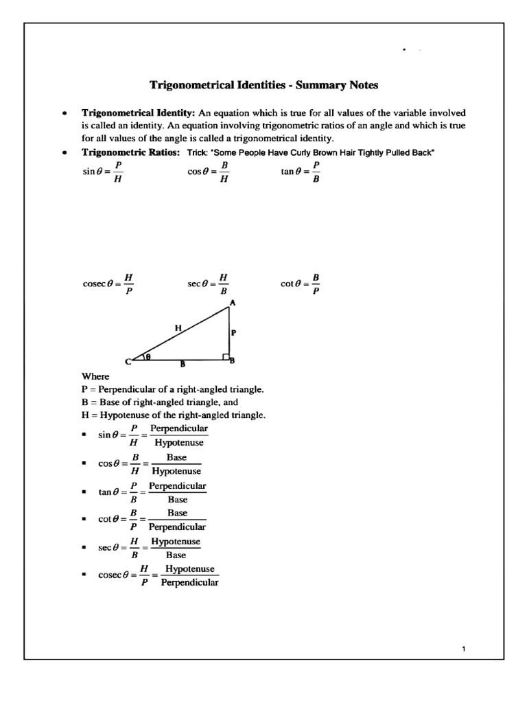 Trigonometry Identities Notes | PDF