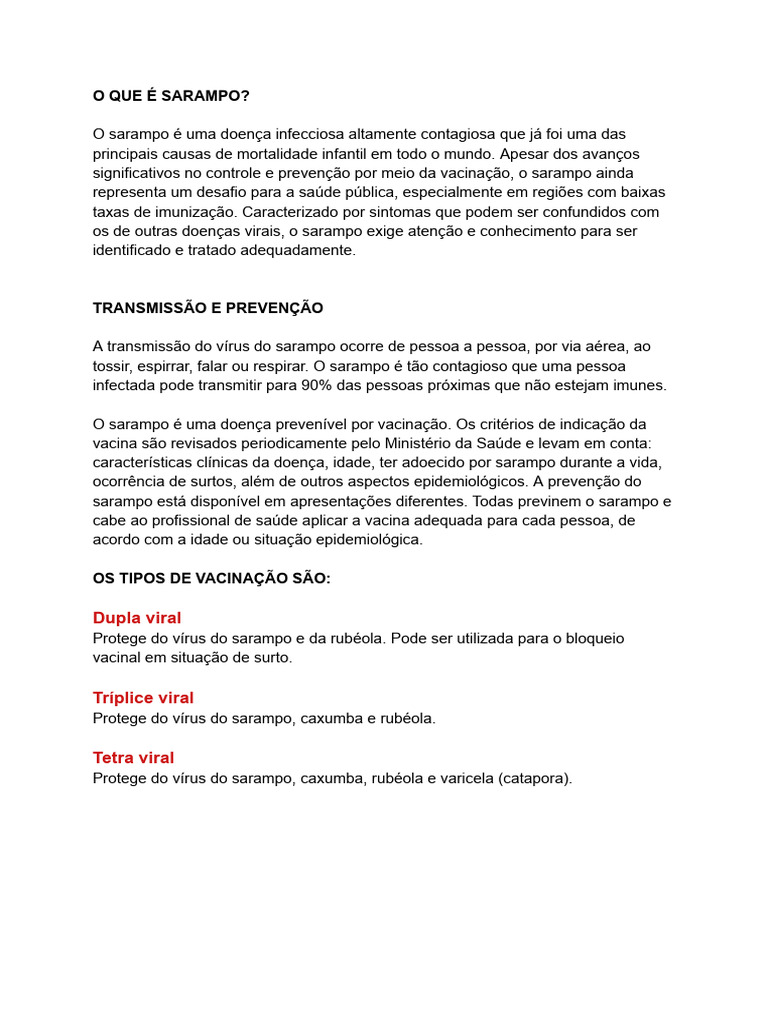 Entenda o Sarampo: Transmissão e Vacinação | PDF
