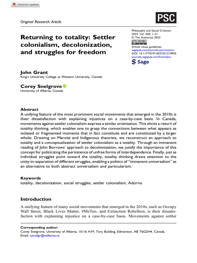 Grant Snelgrove 2023 Returning To Totality Settler Colonialism ...