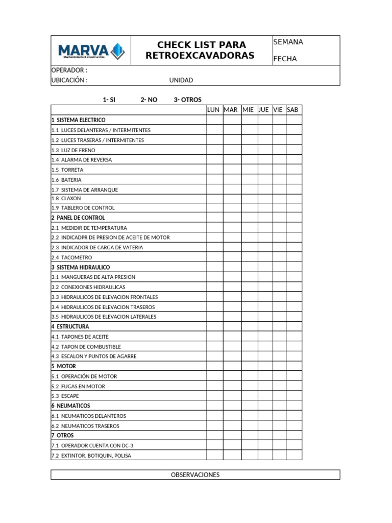 Checklist para Retroexcavadoras | PDF