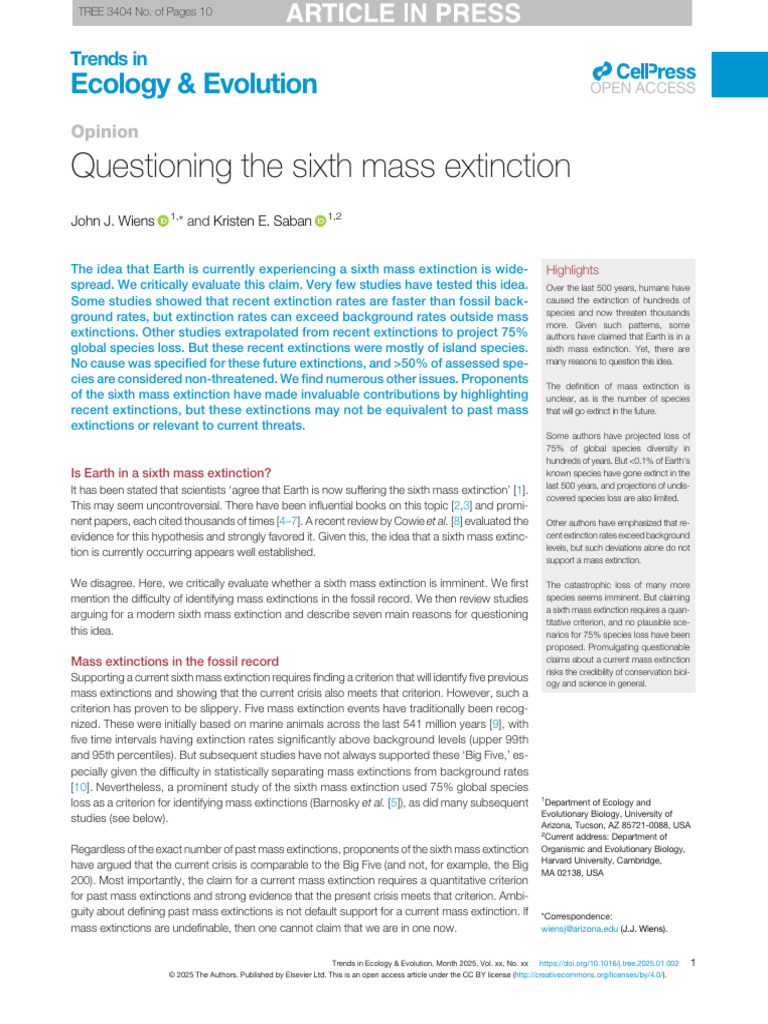 2025 - Wiens & Saban - Questioning The Sixth Mass Extinction | PDF | Extinction | Biodiversity