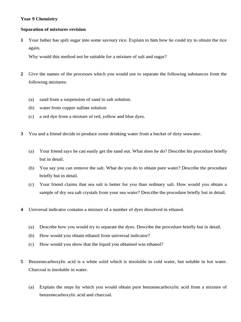 Separation of Mixtures Questions | PDF | Solubility | Salt (Chemistry)