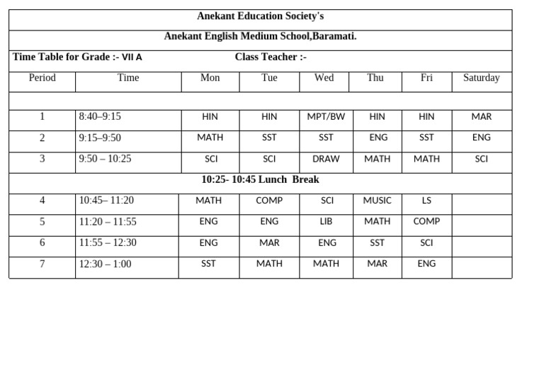 Class Time Table - VII A | PDF