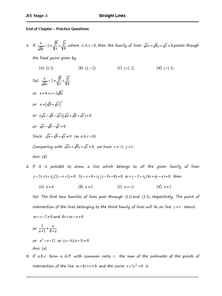 Straight Lines JEE Stage 3 EOC Sol's | PDF | Geometry | Analytic Geometry