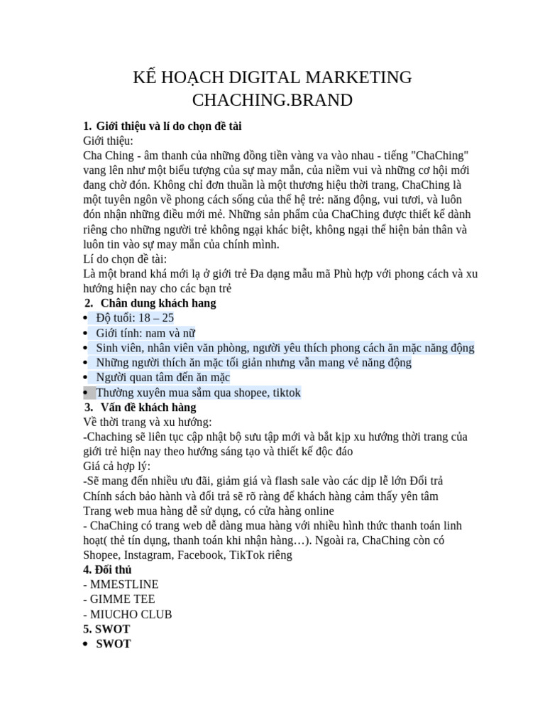 Kế Hoạch Digital Marketing Chaching | PDF