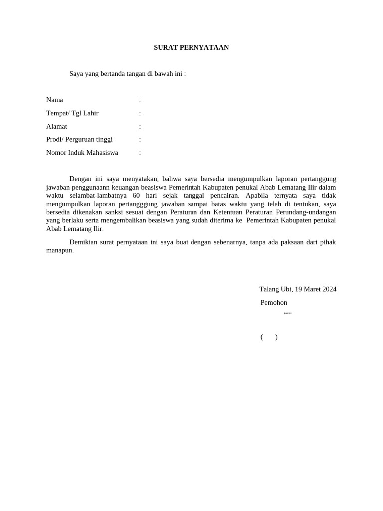 Salinan Surat Pernyataan SPJ Beasiswa | PDF