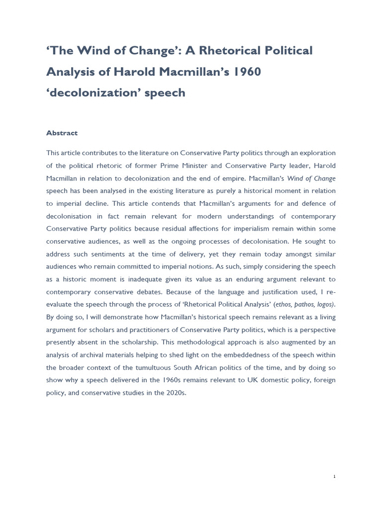 Macmillan's Wind of Change Speech Analysis | PDF | Rhetoric | Apartheid