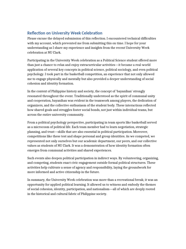 Reflection On University Week | PDF | Identity (Social Science ...
