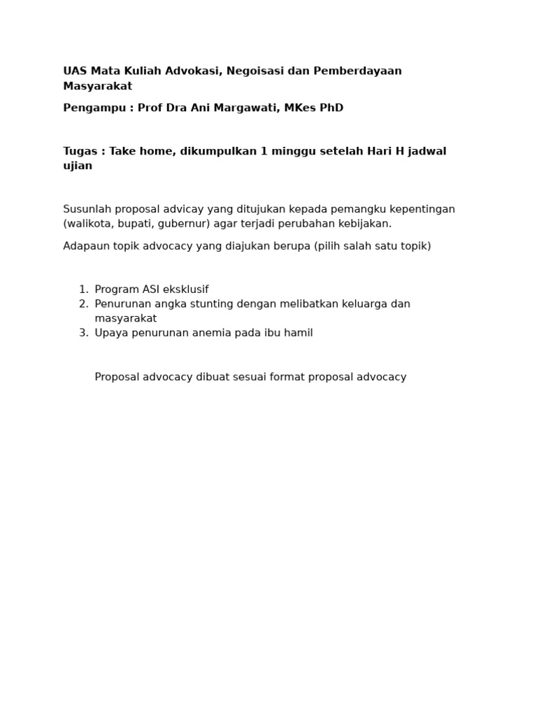 UTS Mata Kuliah Advokasi Prof. Ani Margawati Unimus | PDF
