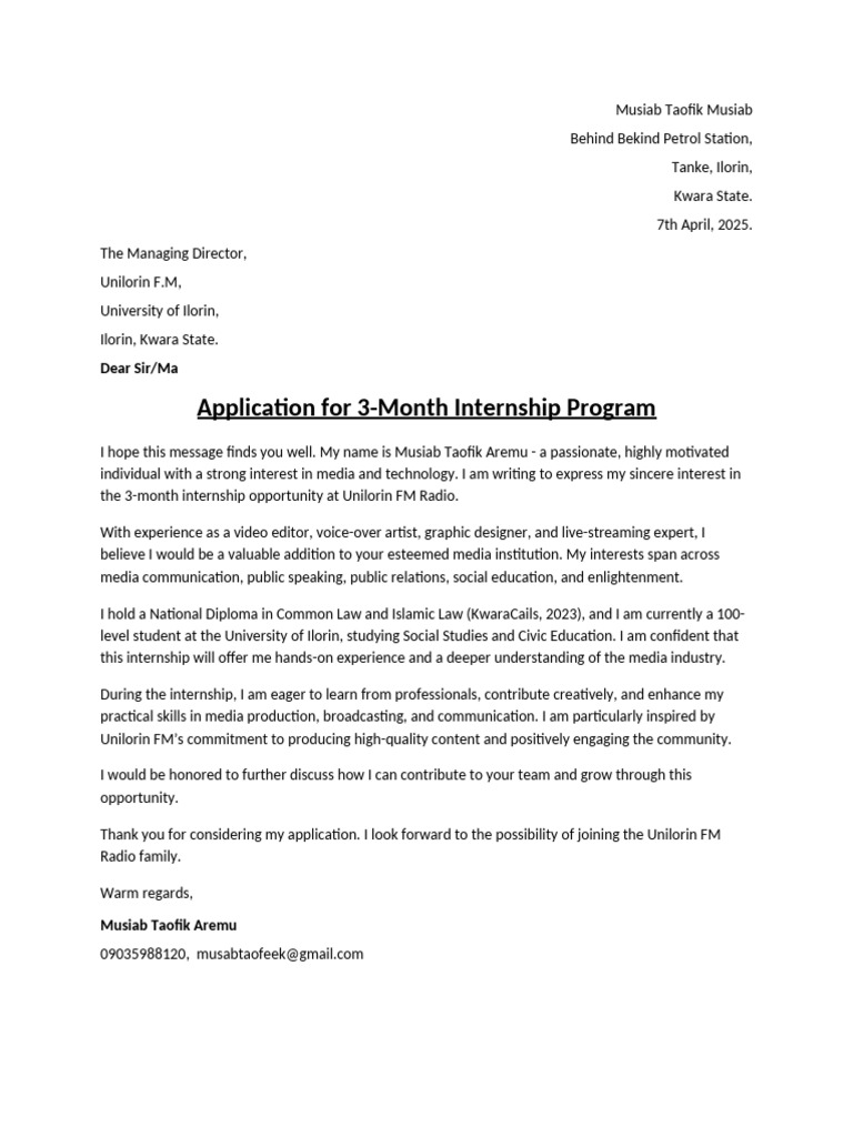 Letter of Proposal For Internship Radio FM | PDF