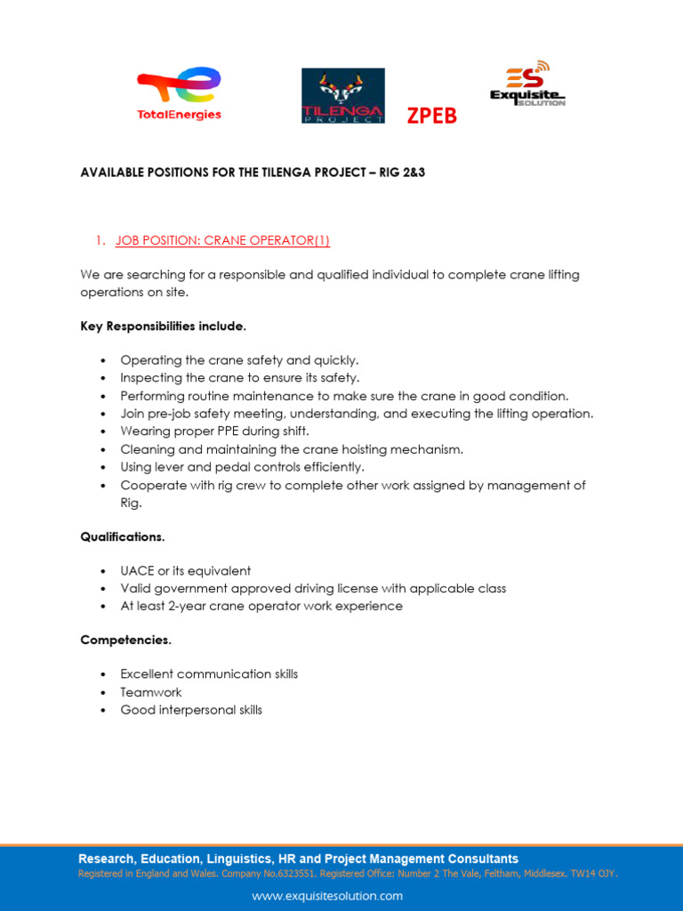 Available Positions For The Tilenga Project Rig 2 and 3 | PDF | Crane ...