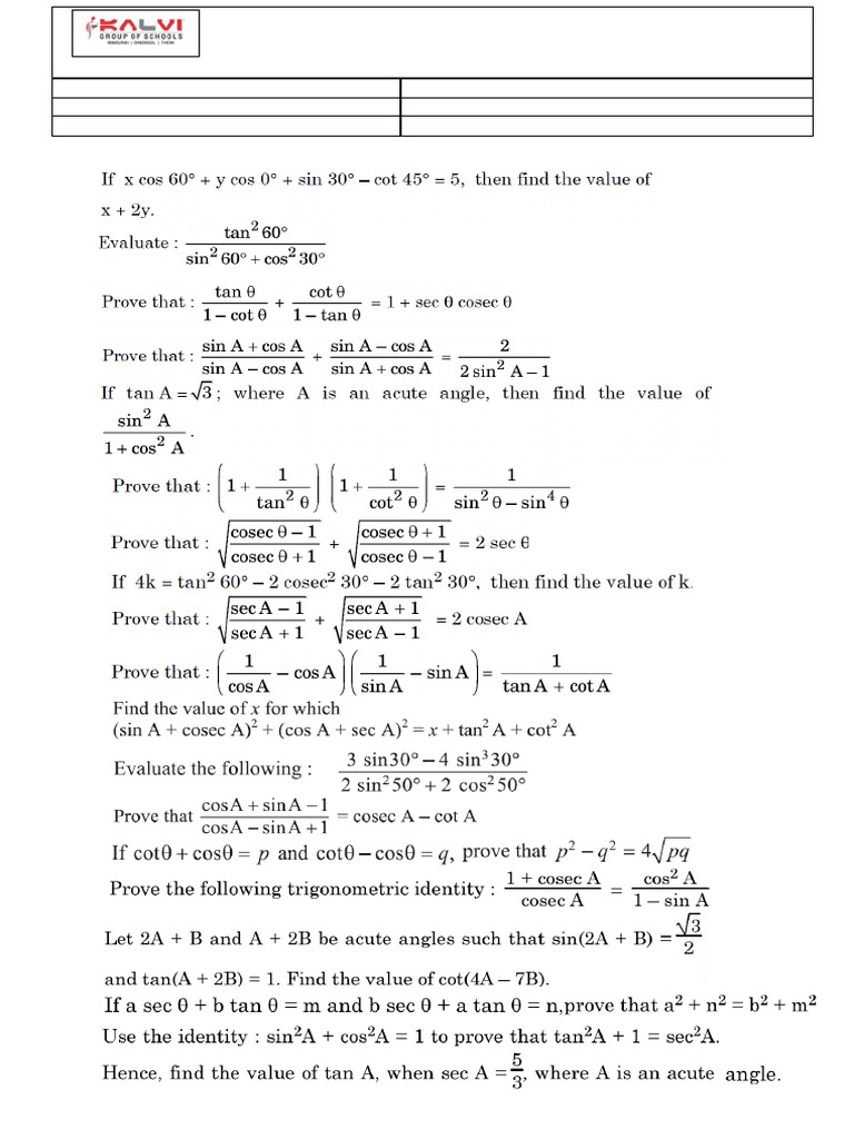 Ws-1,Introduction to Trigonometry | PDF