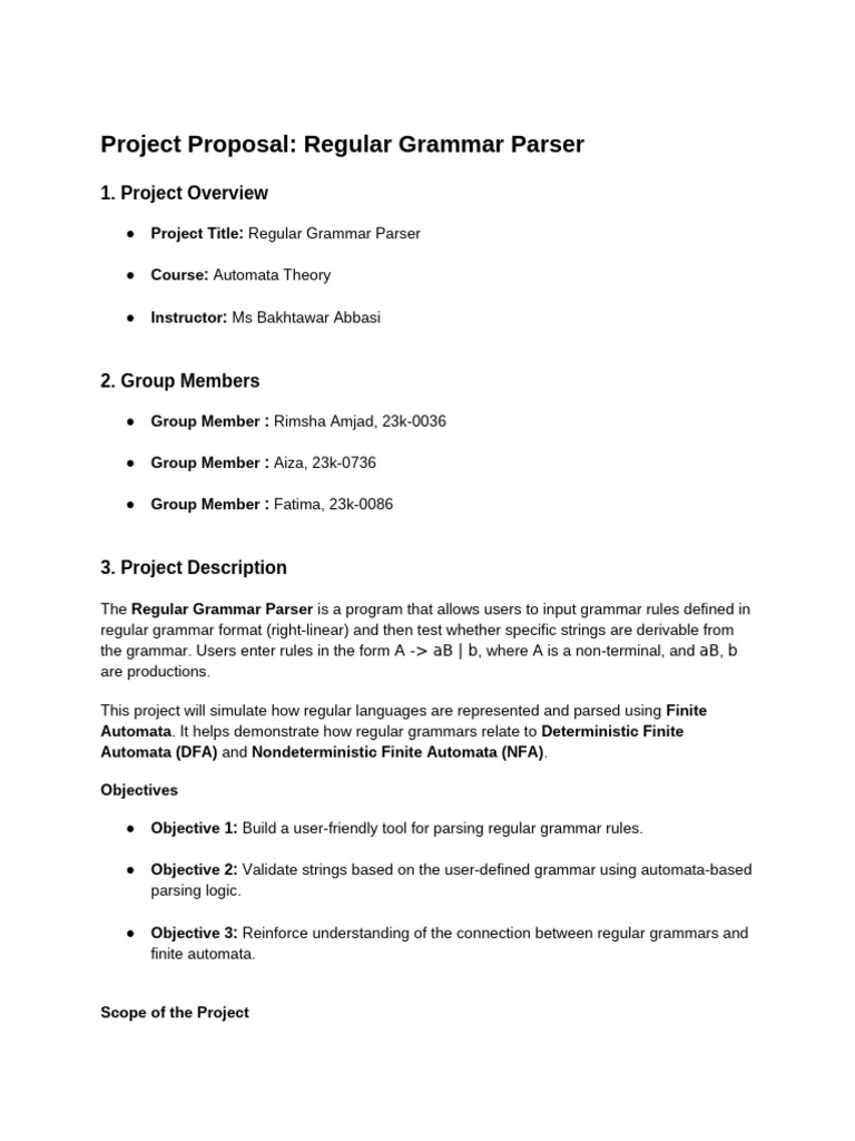 Project Proposal - Regular Grammar Parser | PDF | Regular Expression | Parsing