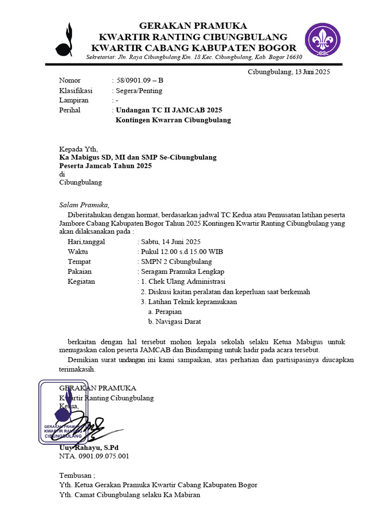 Undangan TC II Jambore Cabang Kwarran Cibungbulang Tahun 2025 | PDF
