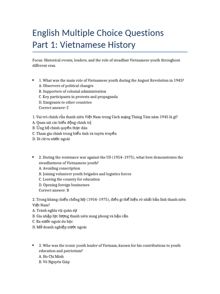 Part1 Vietnamese History Youth Questions | PDF