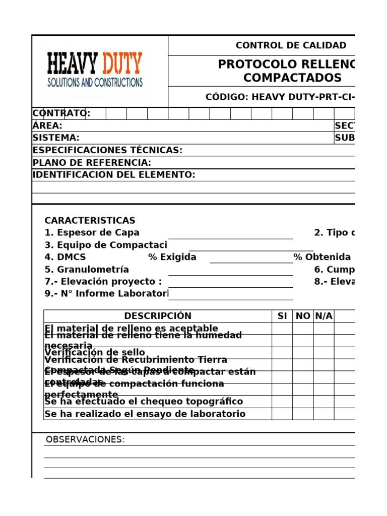 Heavy Duty-PRT-CI-0002 - Rev.B Protocolo Relleno | PDF