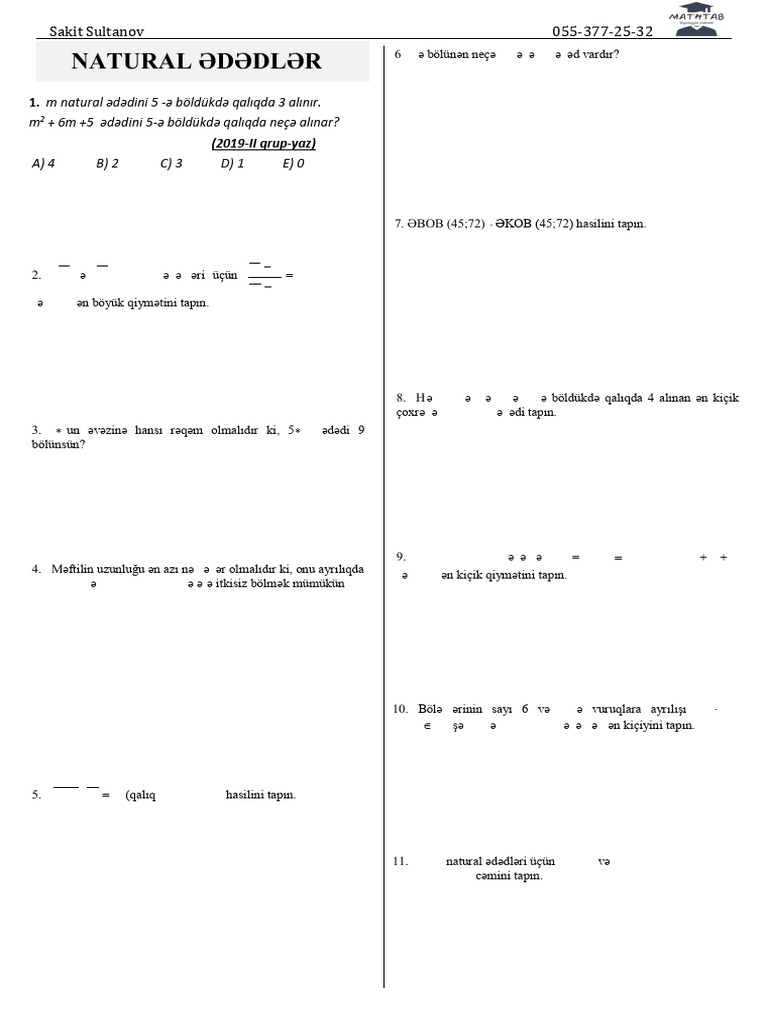 Qəbula Düşmüş Suallar (Riyaz) | PDF