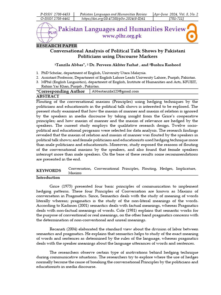 Conversational Analysis of Political Talk Shows by Pakistani ...