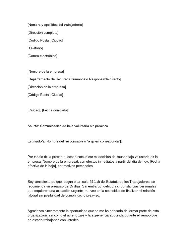 Modelo Carta Baja Voluntaria Sin Preaviso | PDF