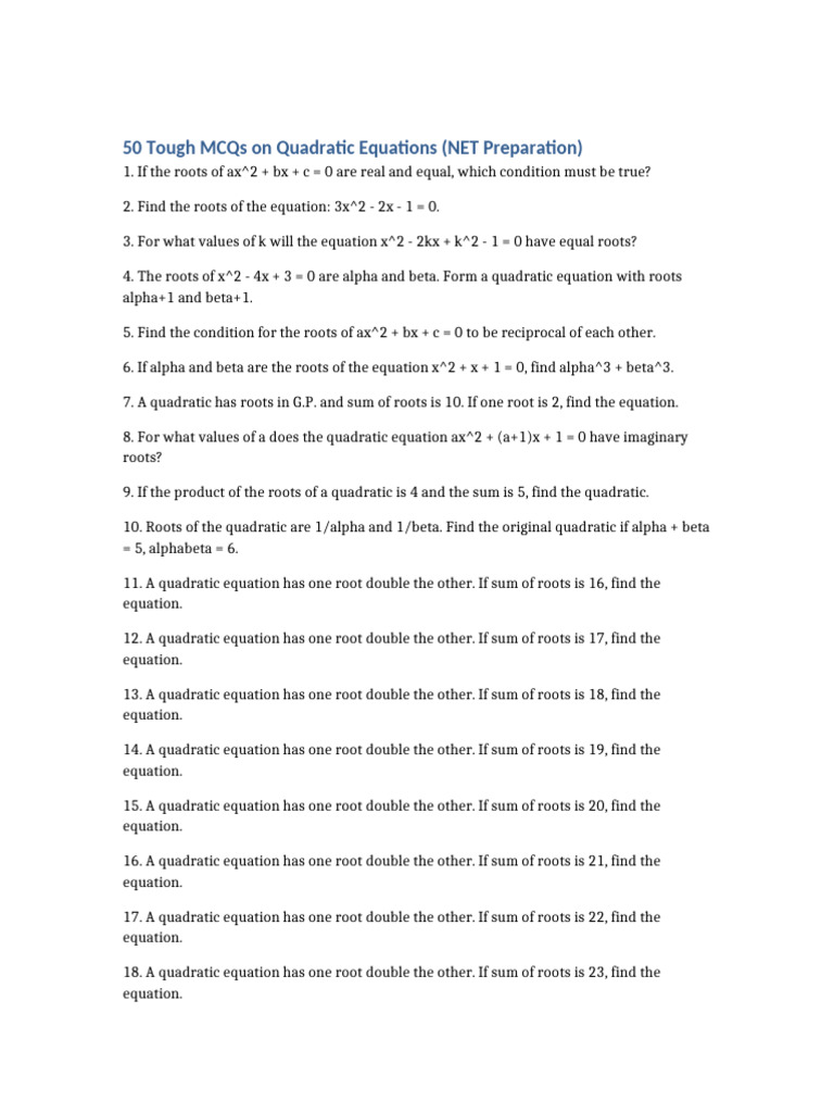 Quadratic Equations 50 MCQs NET | PDF | Quadratic Equation | Mathematics