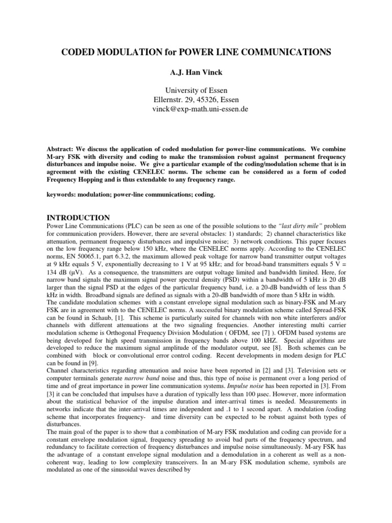 Coded Modulation For Power Line Communications: A.J. Han Vinck | PDF | Modulation | Orthogonal ...