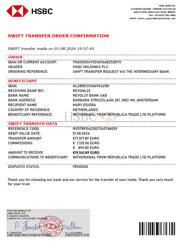 Swift Transfer Order Confirmation HSBC | PDF