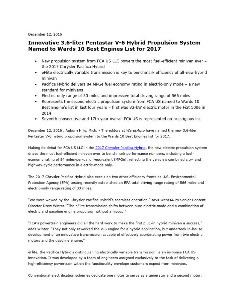 Innovative 3.3.6-Liter Pentastar v-6 Hybrid Propulsion System Named To Ward S 10 Best Engines ...