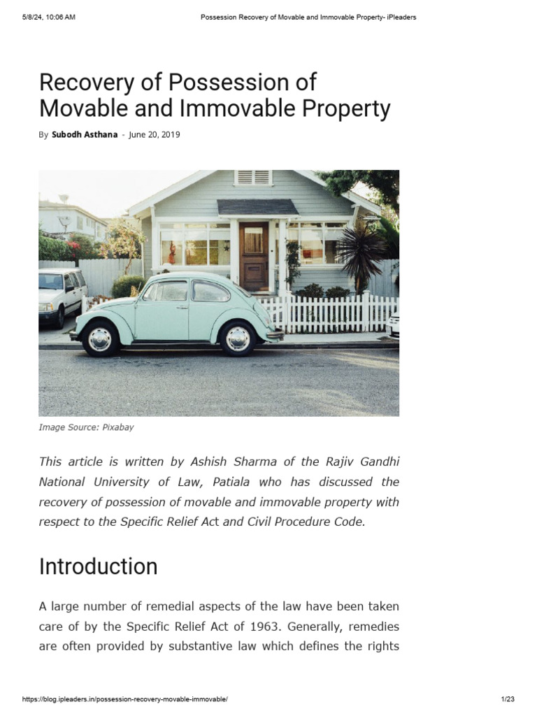 Possession Recovery of Movable and Immovable Property - IPleaders | PDF | Legal Remedy | Property