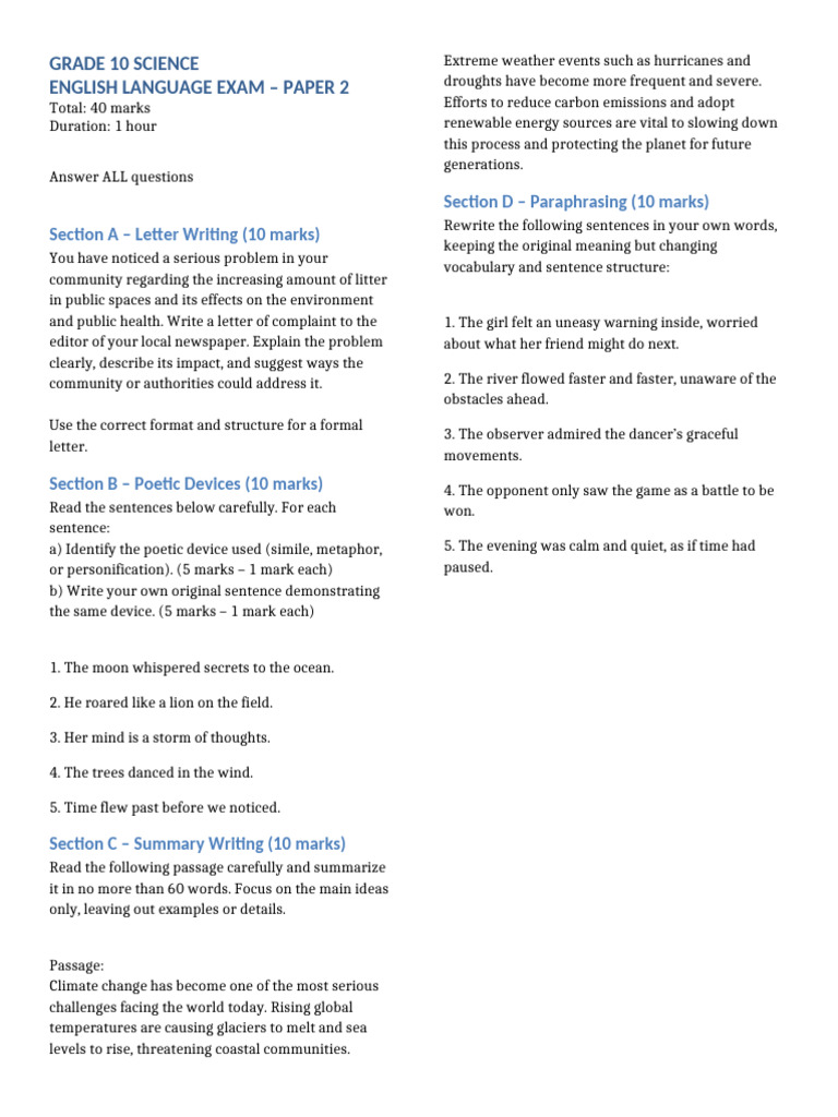Grade 10 English Paper 2 | PDF | Climate Change | Nature
