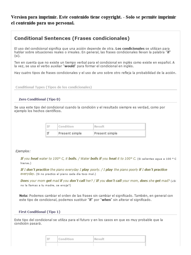 Lesson - Conditional Sentences (Lección de Frases Condicionales) | PDF ...
