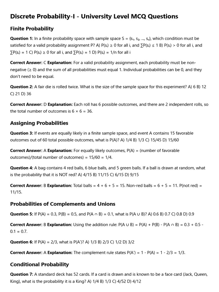 Discrete Probability-I - University Level MCQ Questions | PDF ...