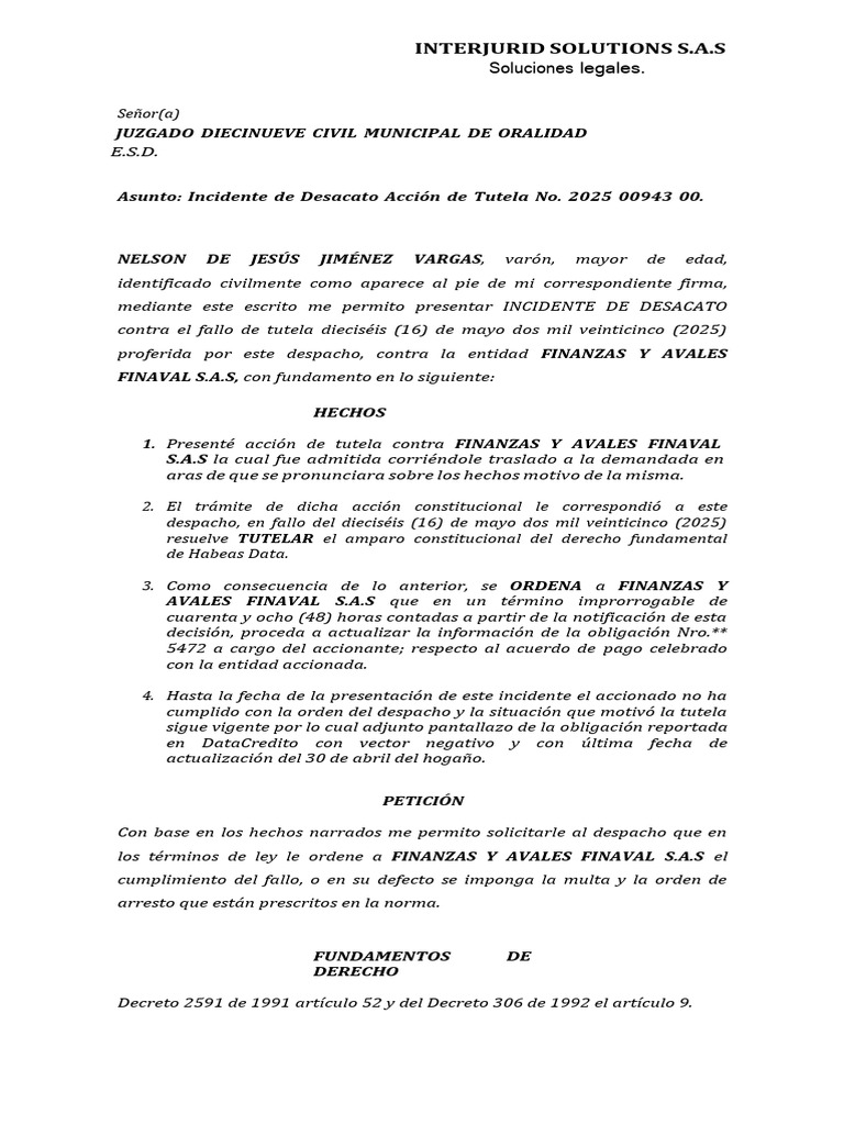 Incidente de Desacato en Acción de Tutela | PDF | Justicia | Crimen y ...