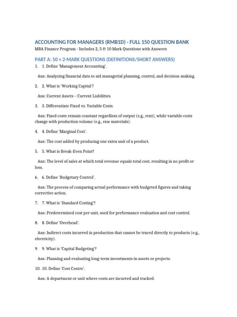 Accounting For Managers RMB1D Full 2mark QuestionBank | PDF | Cost | Budget
