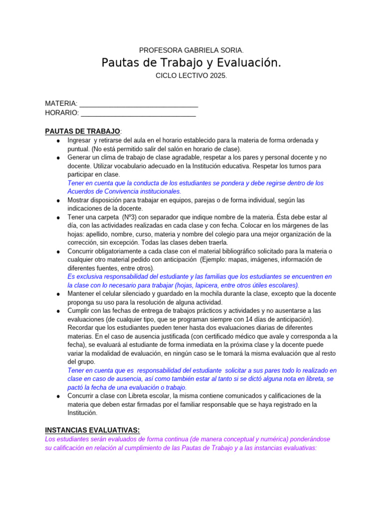 Pautas de Trabajo y Evaluación | PDF | Maestros | Habilidades de estudio
