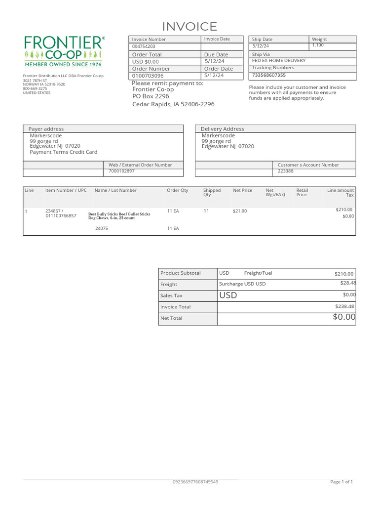 Frontier - Invoice - Best - Bully - Sticks | PDF | Invoice | Payments