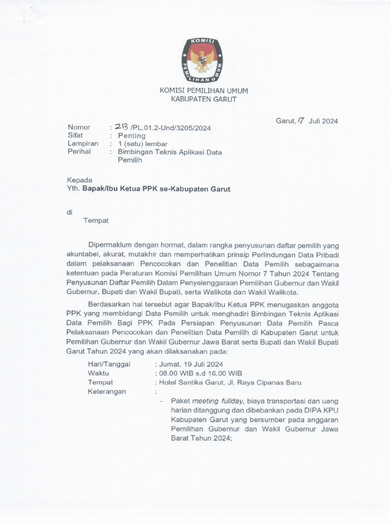 Undangan Bimtek Aplikasi Data Pemilih KPU Kabupaten Garut | PDF