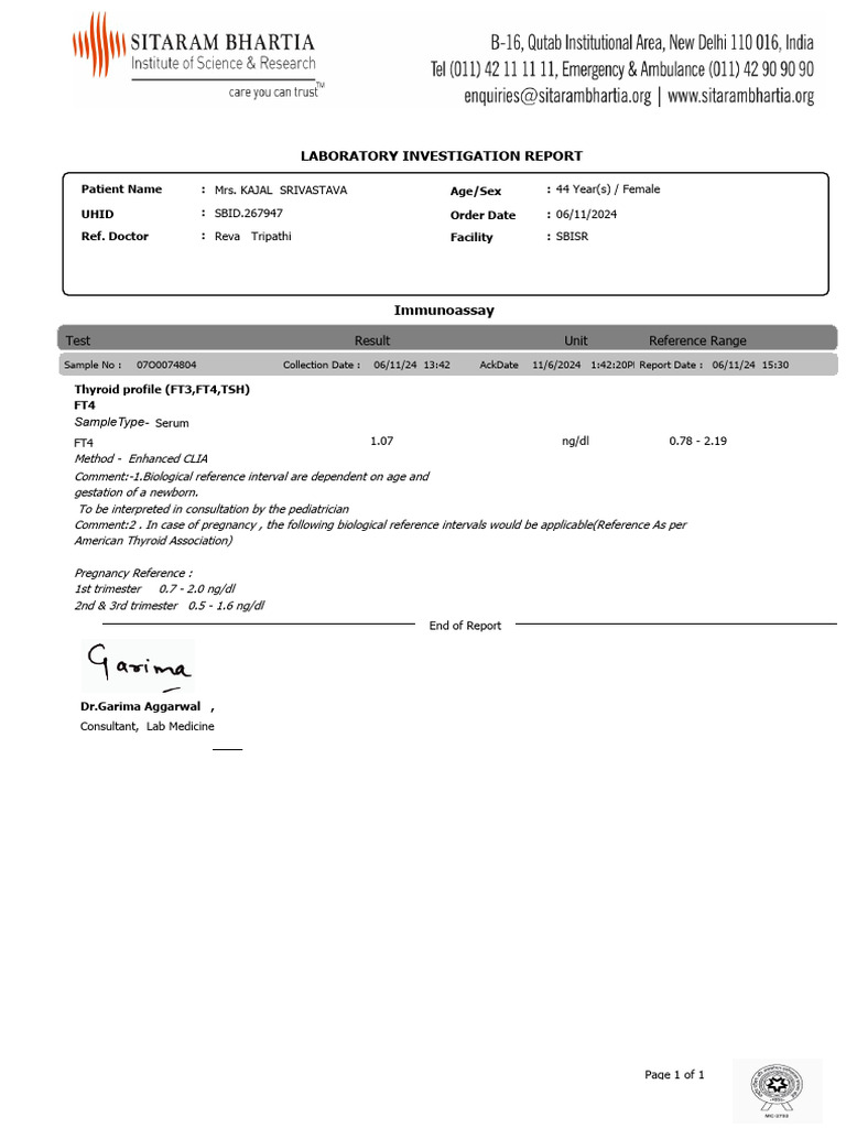Thyroid Profile Lab Report for Female Patient | PDF