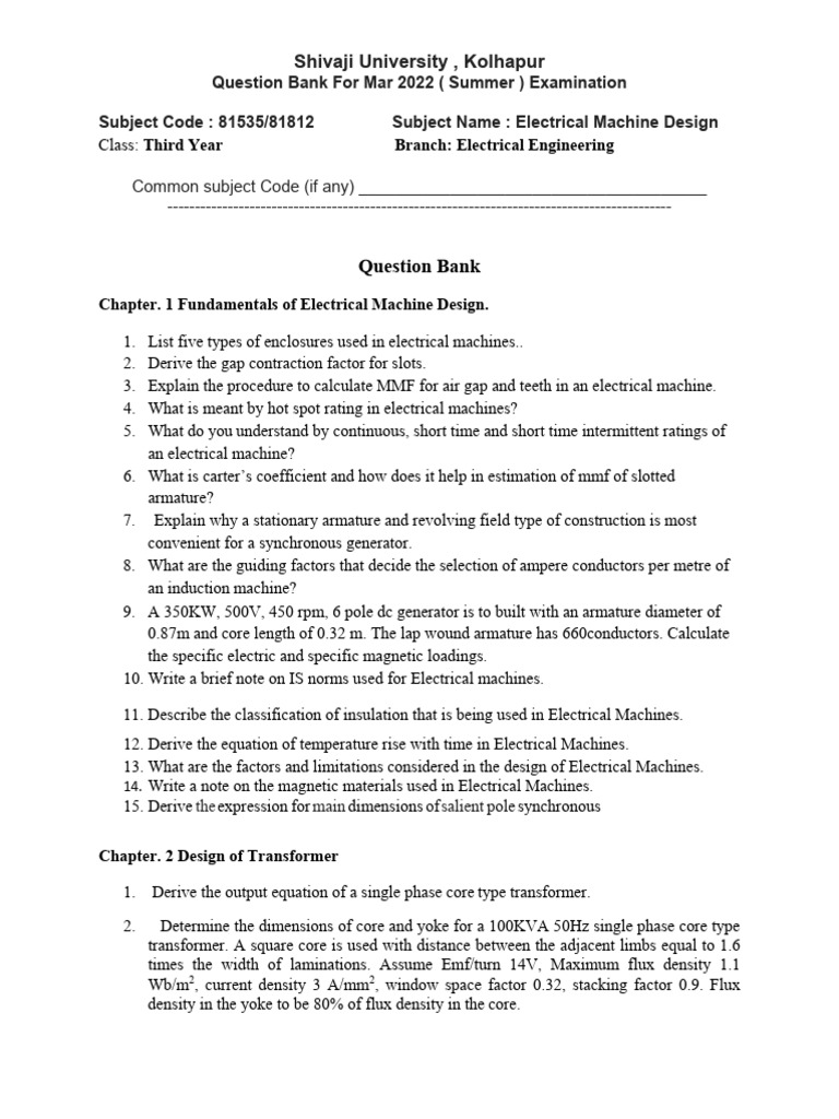 Electrical Machine Design Question Bank | PDF | Electric Motor ...